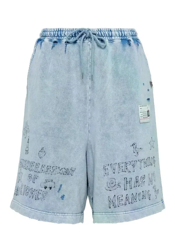 Mihara Yasuhiro Distressed Graphic Print Drawstring Shorts - Blue