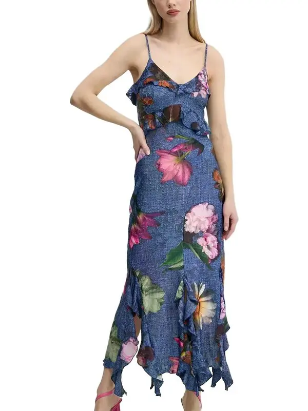 Desigual Floral Print Ruffled Asymmetrical Hem Dress - Blue
