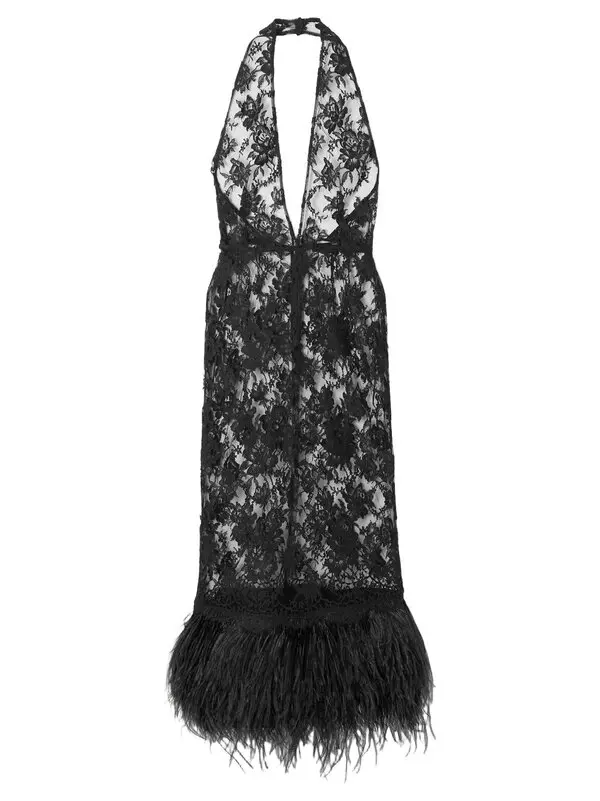 Dolce & Gabbana Feather-trimmed Lace Halterneck Maxi Dress - Black