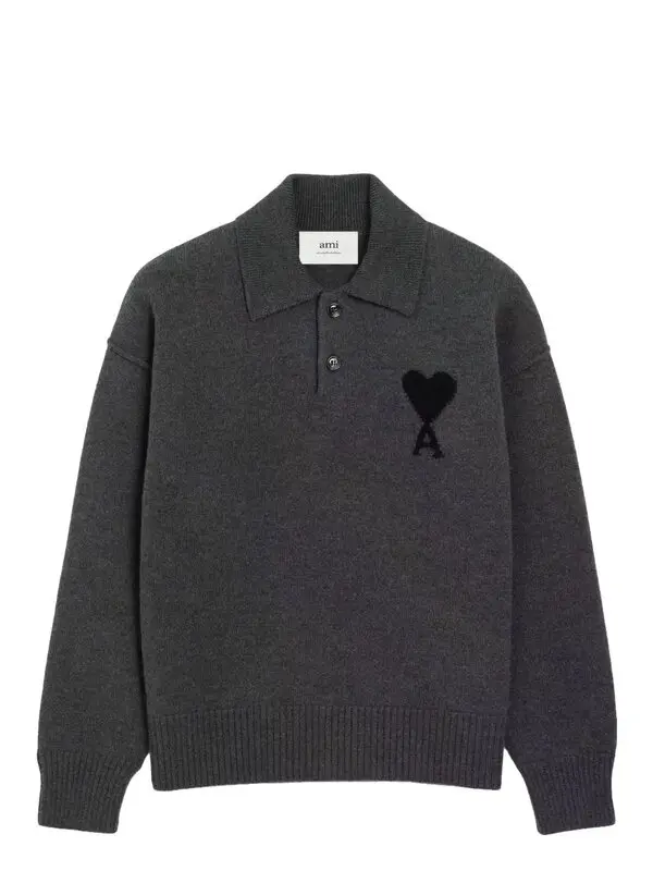 AMI Paris De Coeur Merino Wool Polo Shirt - Grey