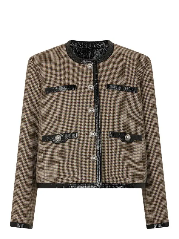 Rabanne Cropped Houndstooth Wool Jacket With Faux Leather Trim - Multi