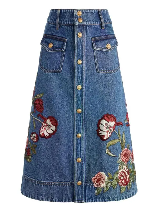 Alice + Olivia Dahlia Floral-embroidered A-line Denim Midi Skirt - Blue
