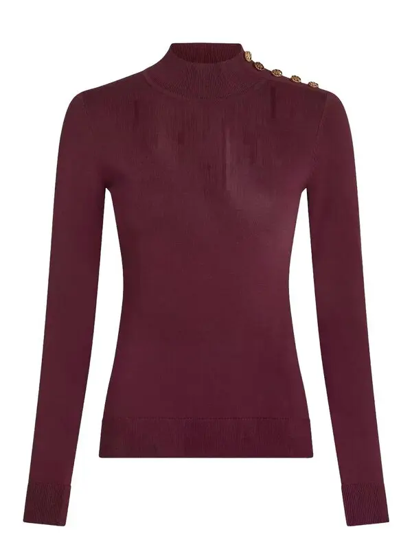 Karl Lagerfeld Burgundy Mock Neck Knitted Top With Shoulder Button Detail - Red