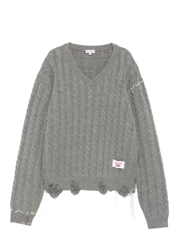 CHARLES JEFFREY Lambswool Blend Cable Knit V-neck Sweater - Grey