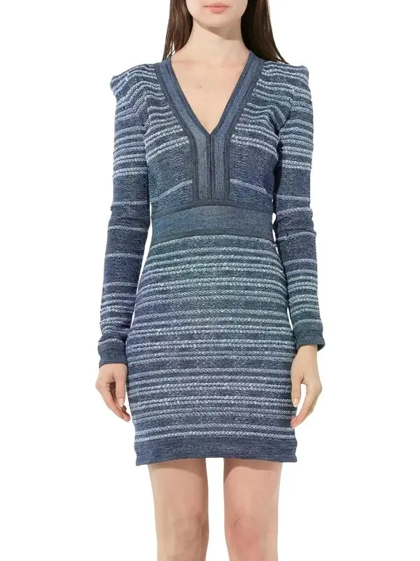 Balmain Fitted Long Sleeve V-neck Dress - Blue