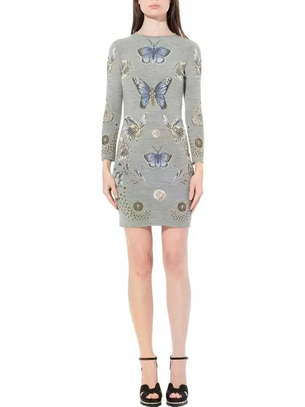 Alexander McQueen Butterfly Jacquard Knit Dress - Grey