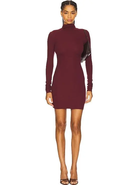 Eterne Long Sleeve Turtleneck Butter Rib Mini Dress - Wine