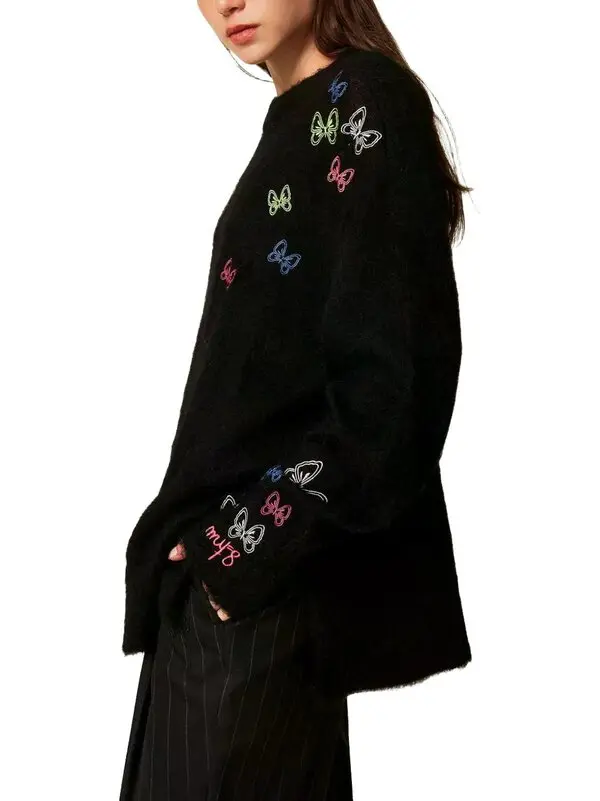 TWINSET Butterfly Embroidered Crew Neck Sweater - Black