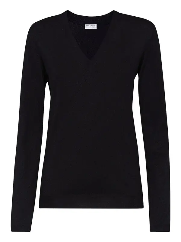 Brunello Cucinelli Cashmere Silk Blend V-neck Sweater - Black