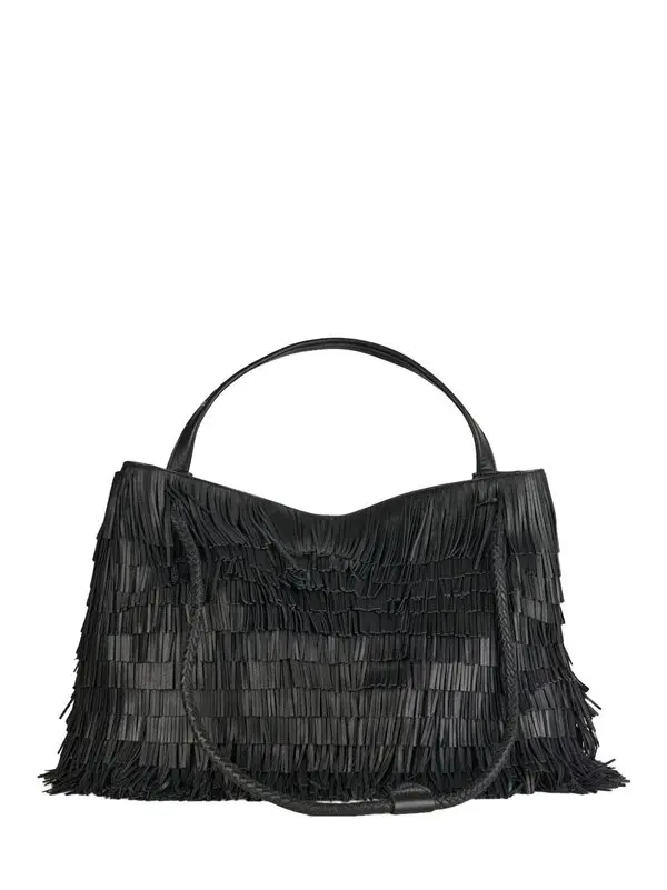 VISONA` Fringe-edges Leather Tote - Black