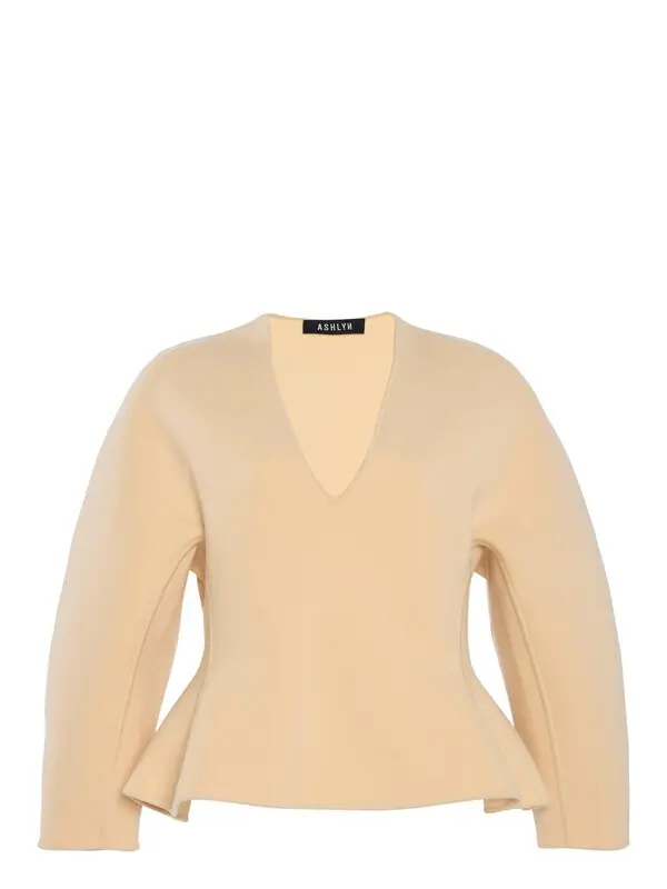 ASHLYN Henry Merino Wool Peplum Top - Ivory