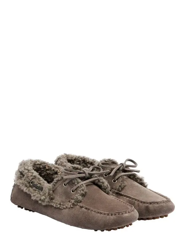 Brunello Cucinelli Monili Shearling-trimmed Suede Moccasins - Grey