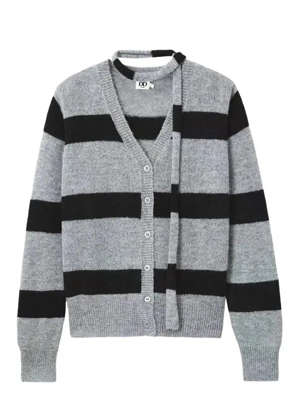 B+AB Striped V-neck Cardigan With Scarf Detail - Grey