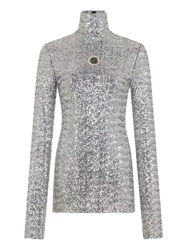 Rabanne Sequin High Neck Top With Keyhole Detail - Silver