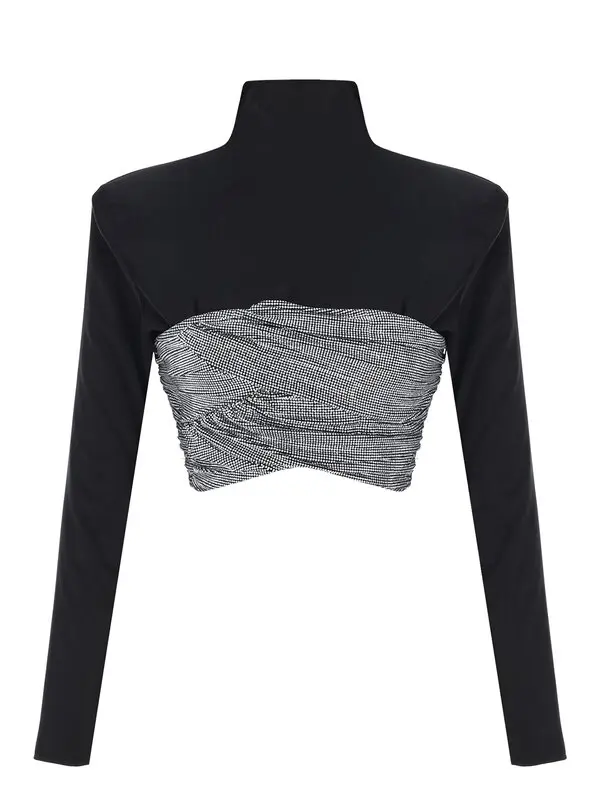 THE NEW ARRIVALS ILKYAZ OZEL Gnes Crystal-trimmed Cropped Top - Black