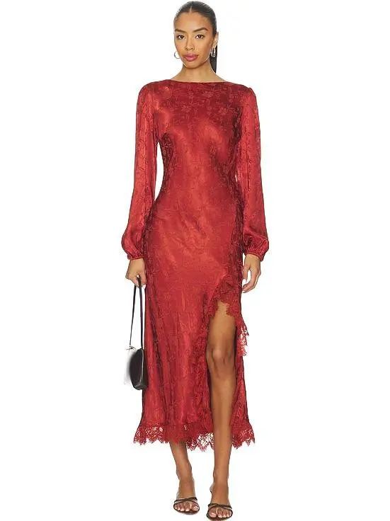 Astr The Label Ilaria Brocade Dress With Lace Trim - Rust