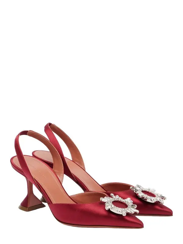 Amina Muaddi Embellished Satin Slingback Pumps - Red
