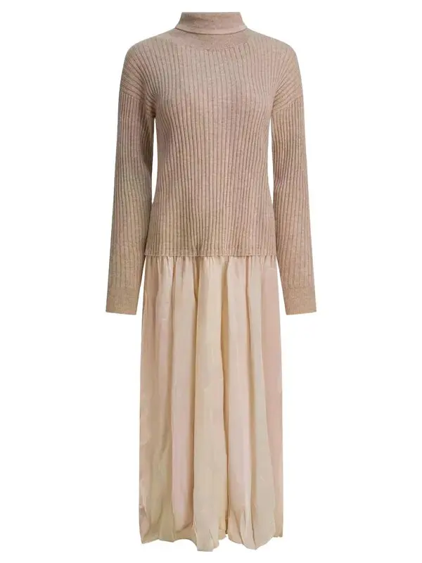 Max & Moi Ribbed Knit Roll Neck Dress With Gathered Skirt - Neutrals