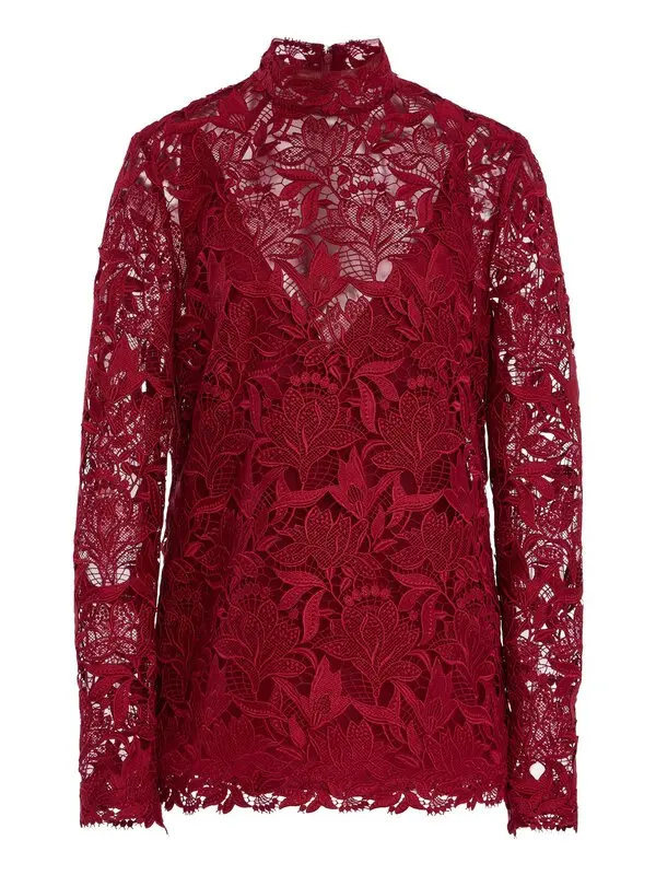 Carolina Herrera Lace Mock Neck Top - Red
