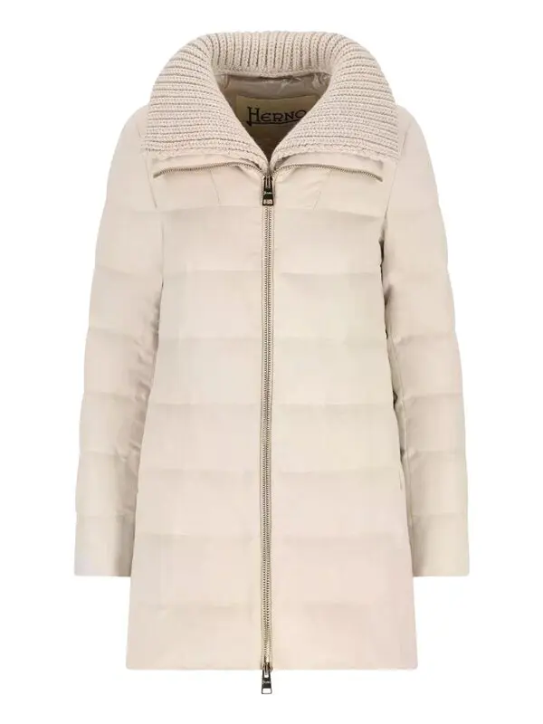 Herno Quilted Coat With Knitted Collar - Neutrals