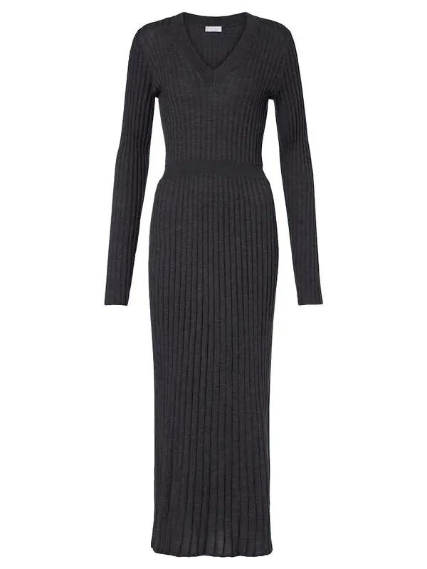 Brunello Cucinelli Ribbed-knit Virgin Wool V-neck Sweater Dress - Grey