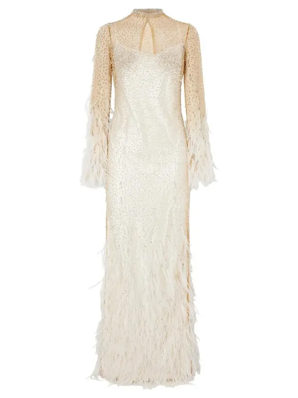 CLIO PEPPIATT Mia Embellished Feather-trimmed Tulle Gown - Neutrals
