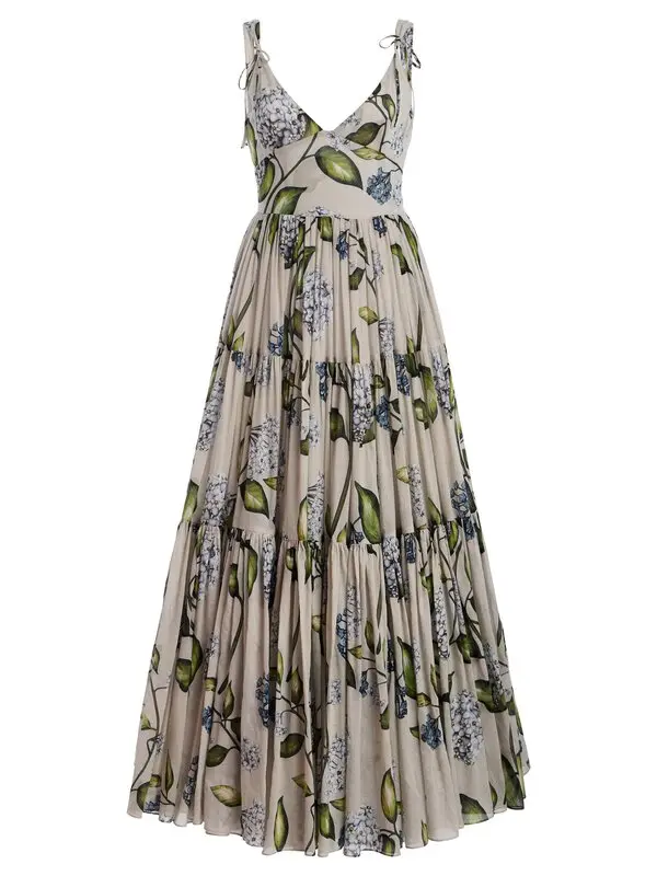 Oscar De La Renta Porcelain Flowers Pleated Cotton Voile Midi Dress - Multi