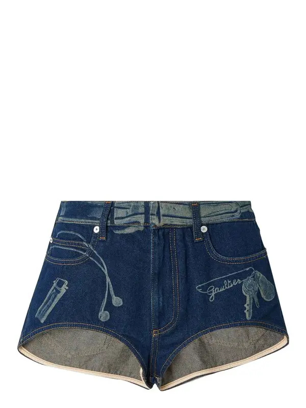 JEAN PAUL GAULTIER Trompe-l'ail Printed Denim Shorts - Blue