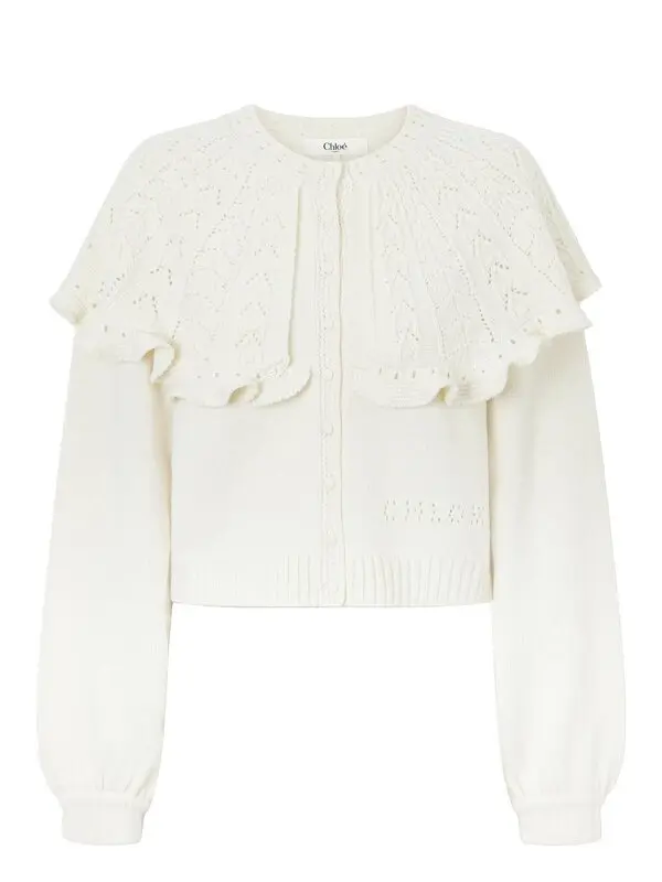 Chloé Cropped Ruffled Pointelle-knit Wool And Cashmere-blend Cardigan - Neutrals