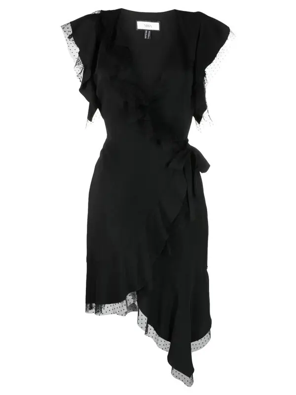 NISSA Tulle Detailing Draped Mini Dress - Black
