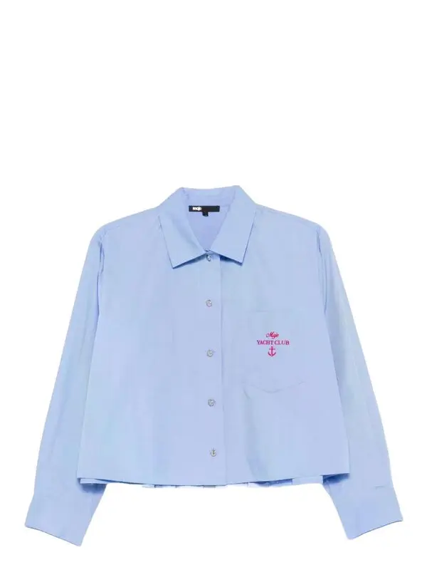 Maje Cropped Cotton Blend Shirt With Embroidered Pocket - Blue