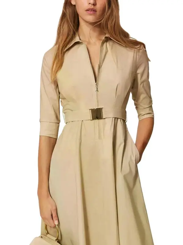 TWINSET Long Cotton Poplin Belted Shirt Dress - Neutrals