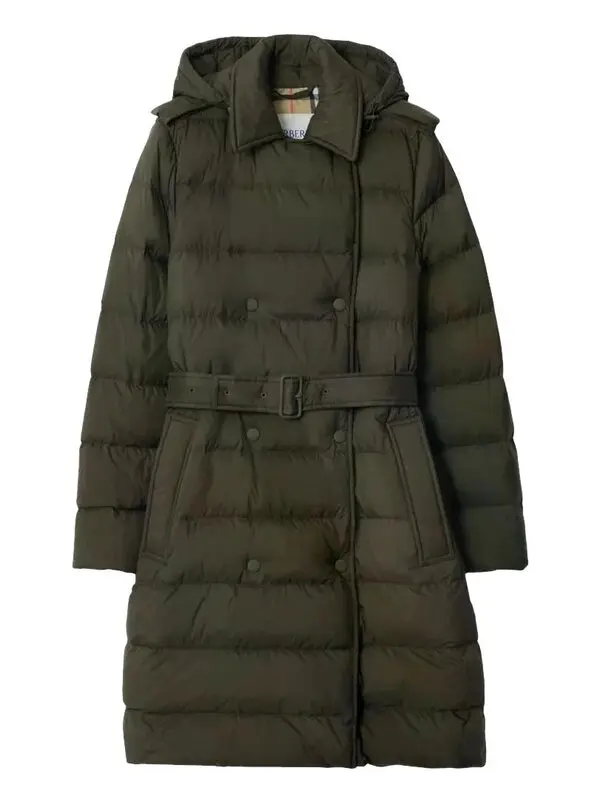 Burberry Hooded Double-breasted Puffer Coat With Belt - Green
