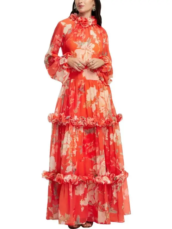 LEO LIN Angela Ruffled Floral Maxi Dress - Orange