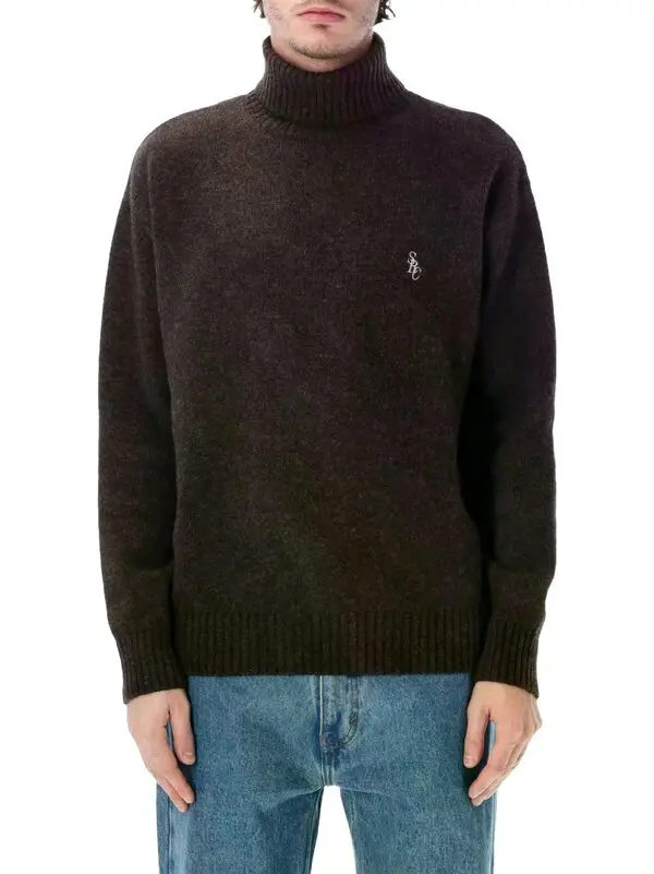 SPORTY & RICH Roll Neck Logo Embroidered T-shirt - Brown