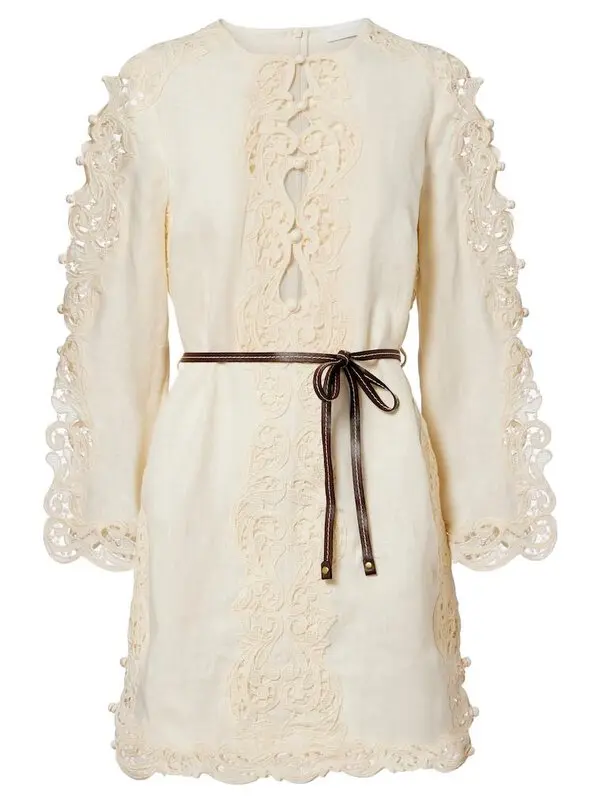 Zimmermann Awaken Belted Embroidered Linen Mini Dress - White