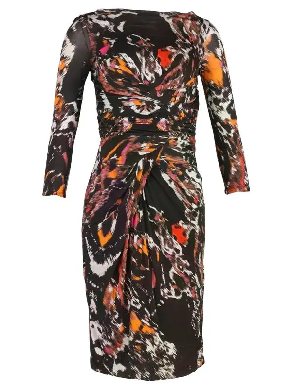 Max Mara Printed Round-neck Dress With 3/4 Sleeves And Gathered Detail - Black