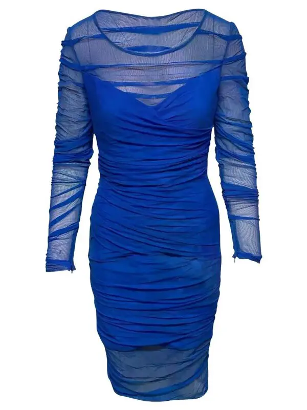 Versace Ruched Sheer-sleeve Dress - Blue