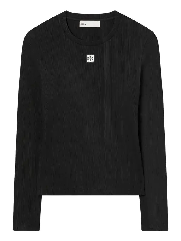 Tory Burch Logo Appliqué Ribbed Cotton Long Sleeve T-shirt - Black