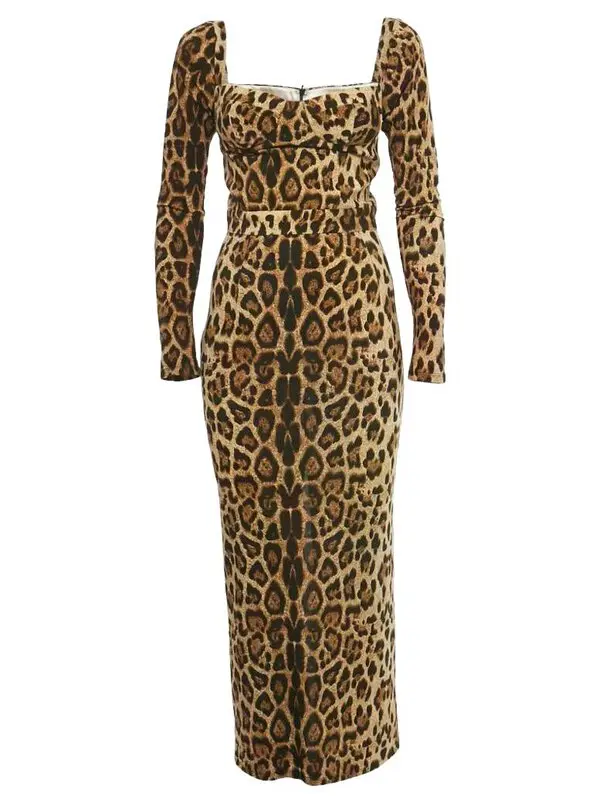 THE NEW ARRIVALS ILKYAZ OZEL Jersey Leopard-print Midi Dress - Brown