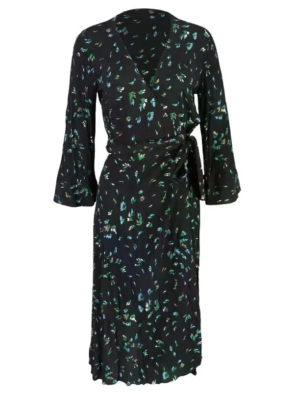 GANNI Floral Print Midi Wrap Dress - Black
