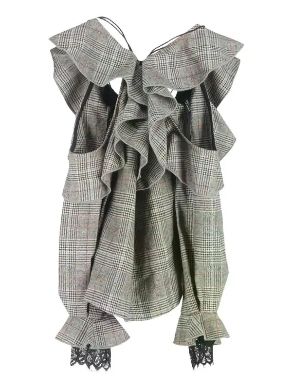 SELF-PORTRAIT Plaid Frill Off-shoulder Top - Grey