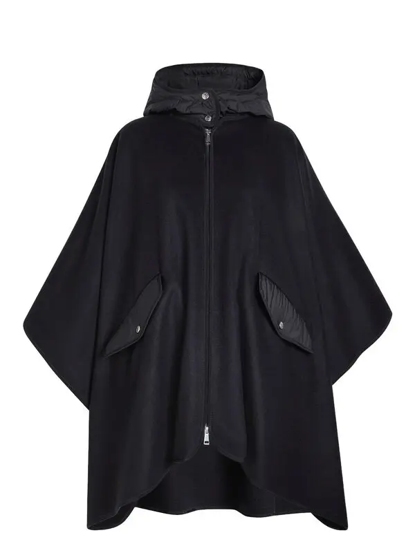 Moncler Hooded Shell And Wool-blend Cape Coat - Black