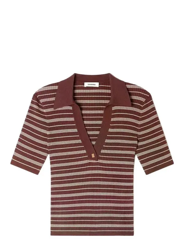 Sandro Striped V-neck Polo Sweater - Brown