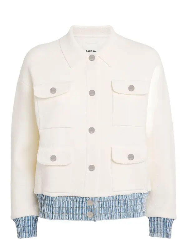 Sandro Bouclé Cardigan With Denim Trim - Beige