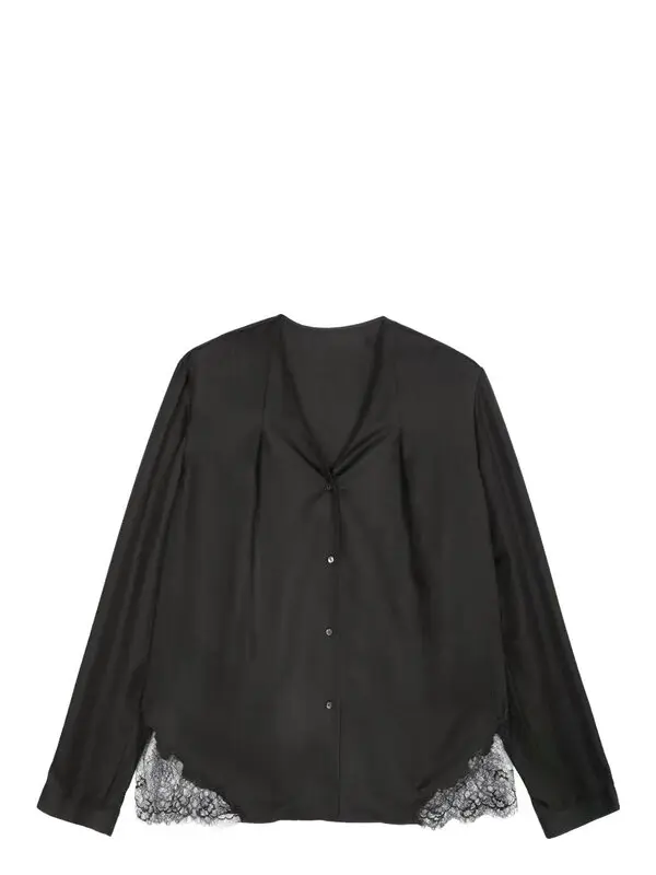 LESS Silk V-neck Shirt With Lace Trim - Black