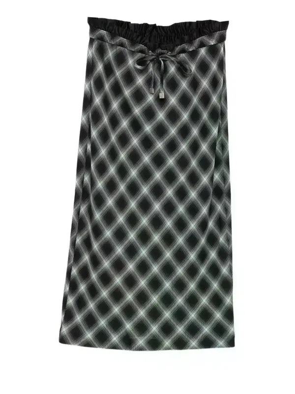 LESS Plaid Midi Skirt With Drawstring Waistband - Black