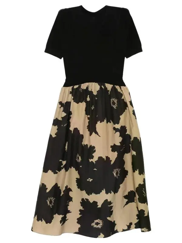 LESS Floral Print V-neck Dress With Short Sleeves - Black