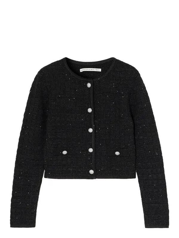 Alessandra Rich Cropped Embellished Knitted Cardigan - Black