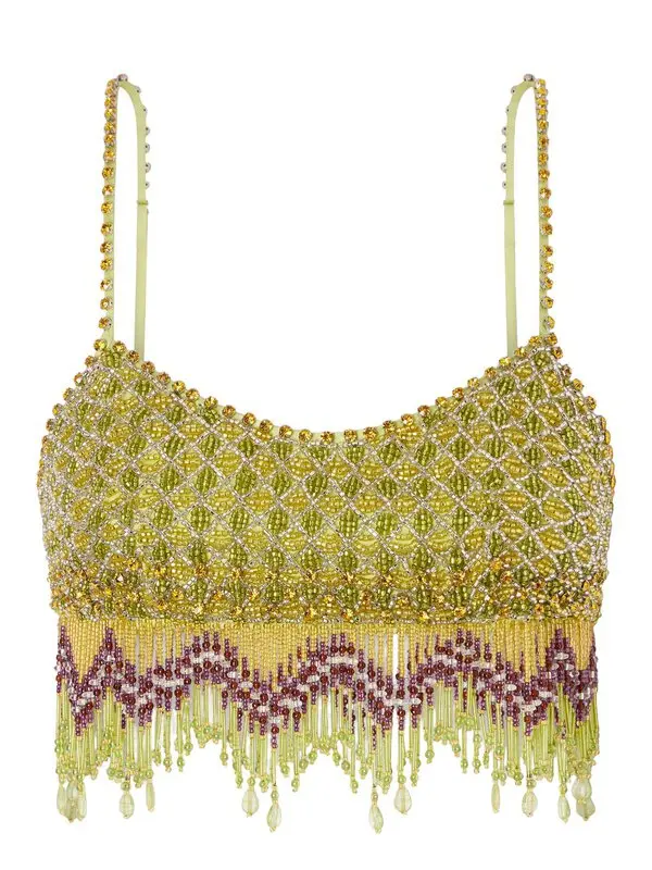 BODE Beaded Cropped Fringed Satin Top - Green